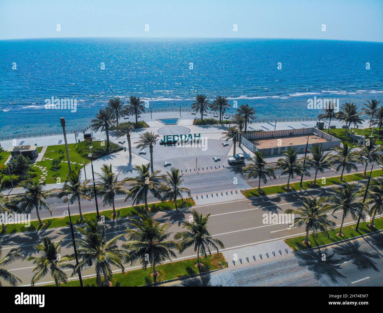Aerial view of a beautiful seaside park with palms in the Saudi Arabia ...