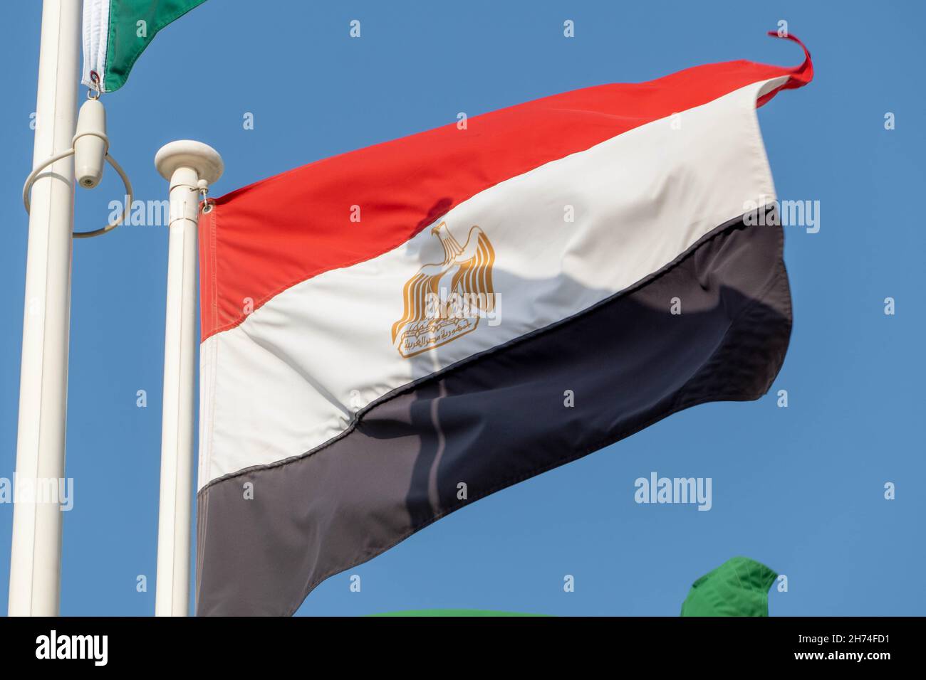 Egypt Flag hanging and blowing in sunshine on blue sky background Stock ...