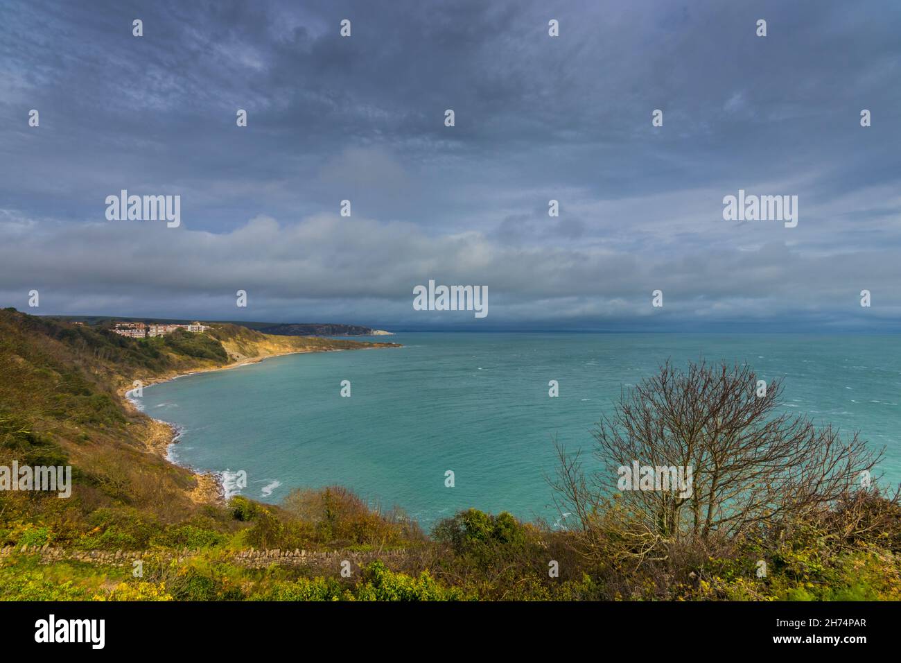 A seascape of Durlston Bay looking across to Swanage Bay and Old Harry ...
