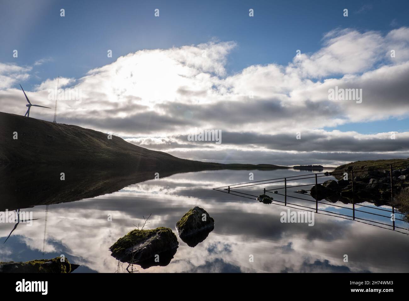 View over Long Loch with wind turbine Stock Photo - Alamy