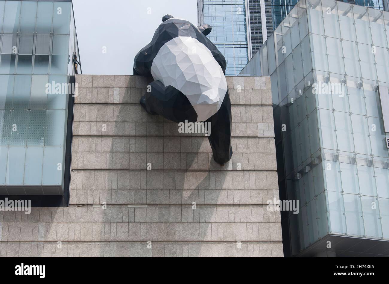 A giant panda bear climbing a building on Chunxi Road Pedestrian Street ...