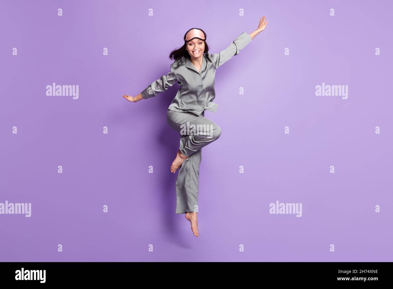 Full length body size photo of playful careless girl jumping wearing ...