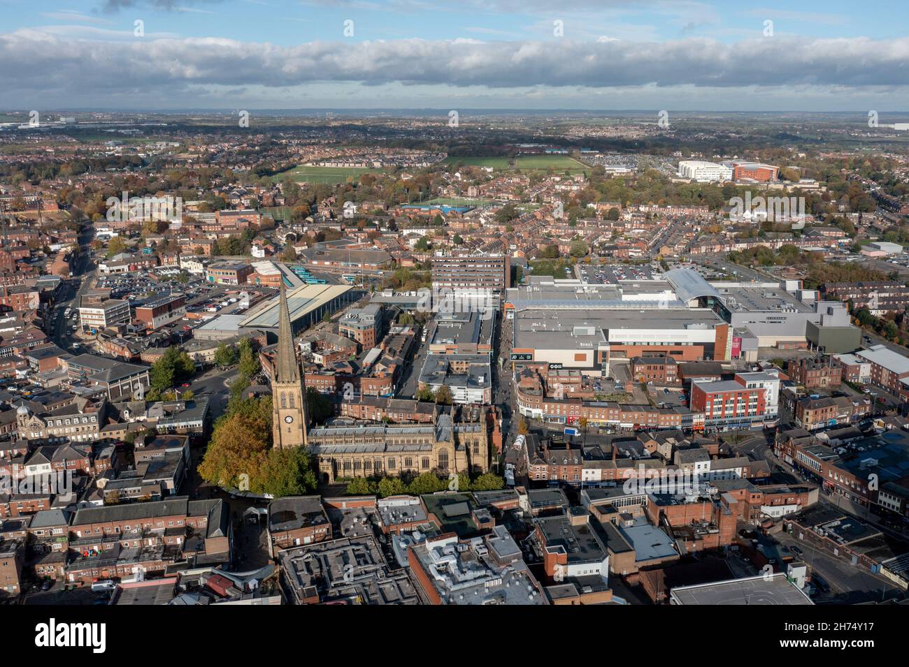 Aerial view of Wakefield City Centre and cathedral looking north ...