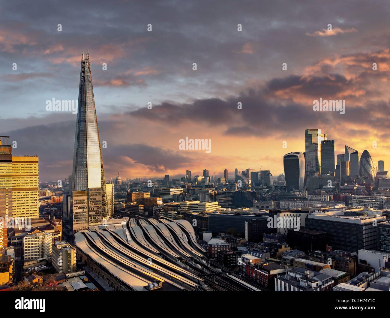 Aerial view of London Bridge railway station, the Shard overlooking the ...