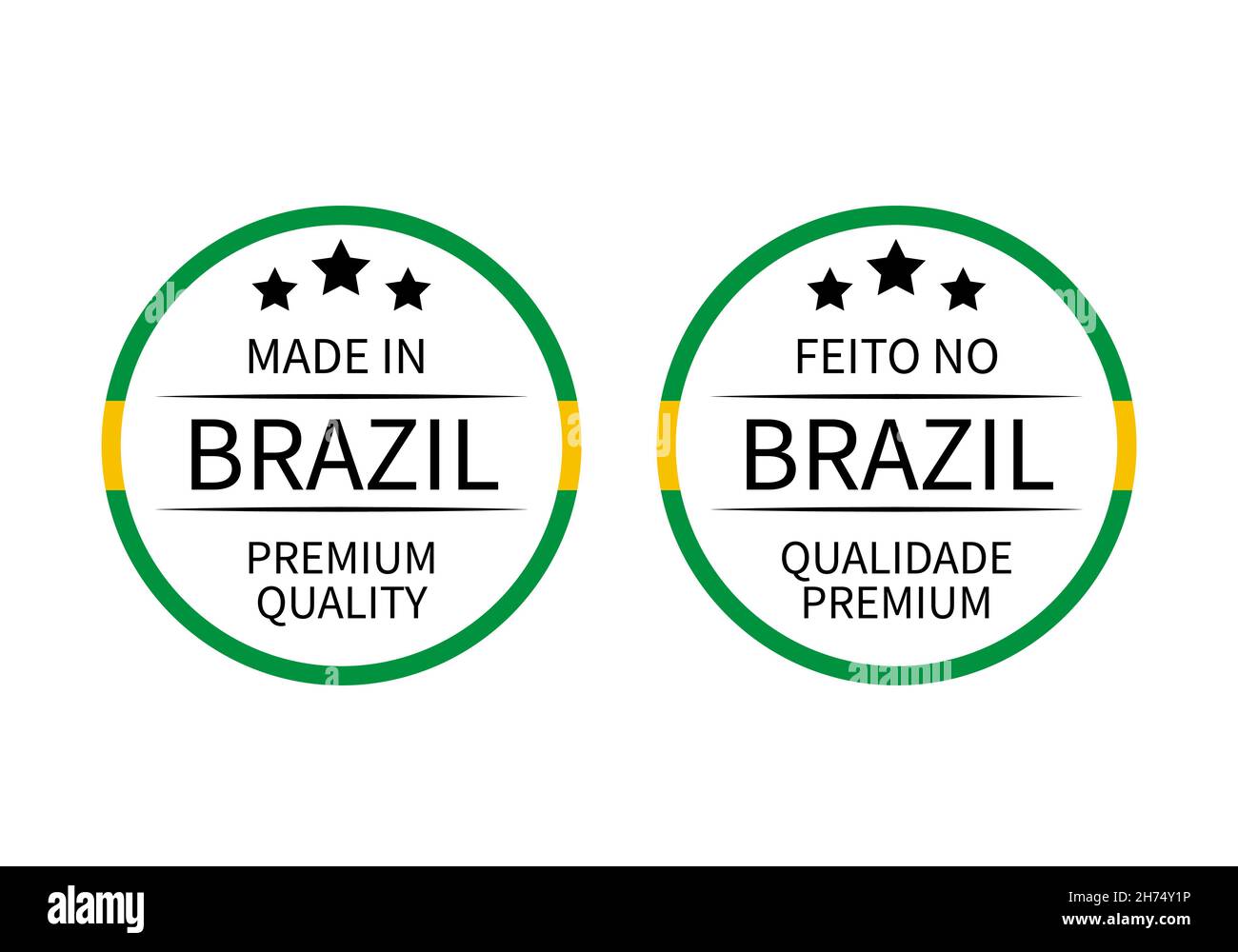 Made in Brazil labels round in English and in Portuguese languages ...