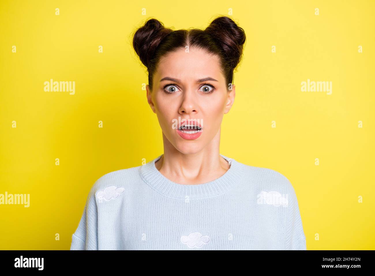 Photo of speechless troubled lady look camera open mouth wear blue ...