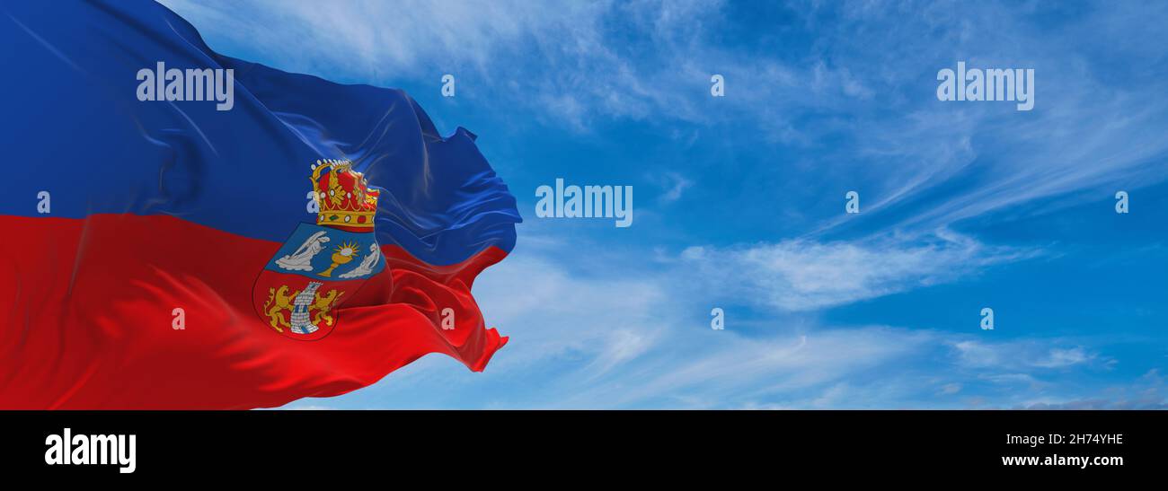 flag of Lugo province , Spain at cloudy sky background on sunset ...