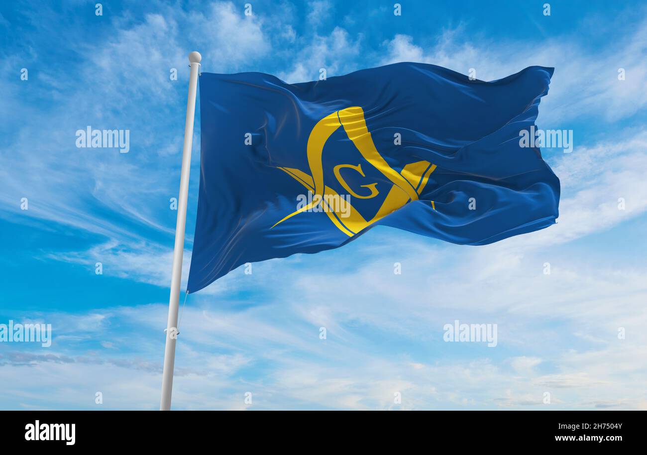 flag of masonic at cloudy sky background on sunset, panoramic view ...