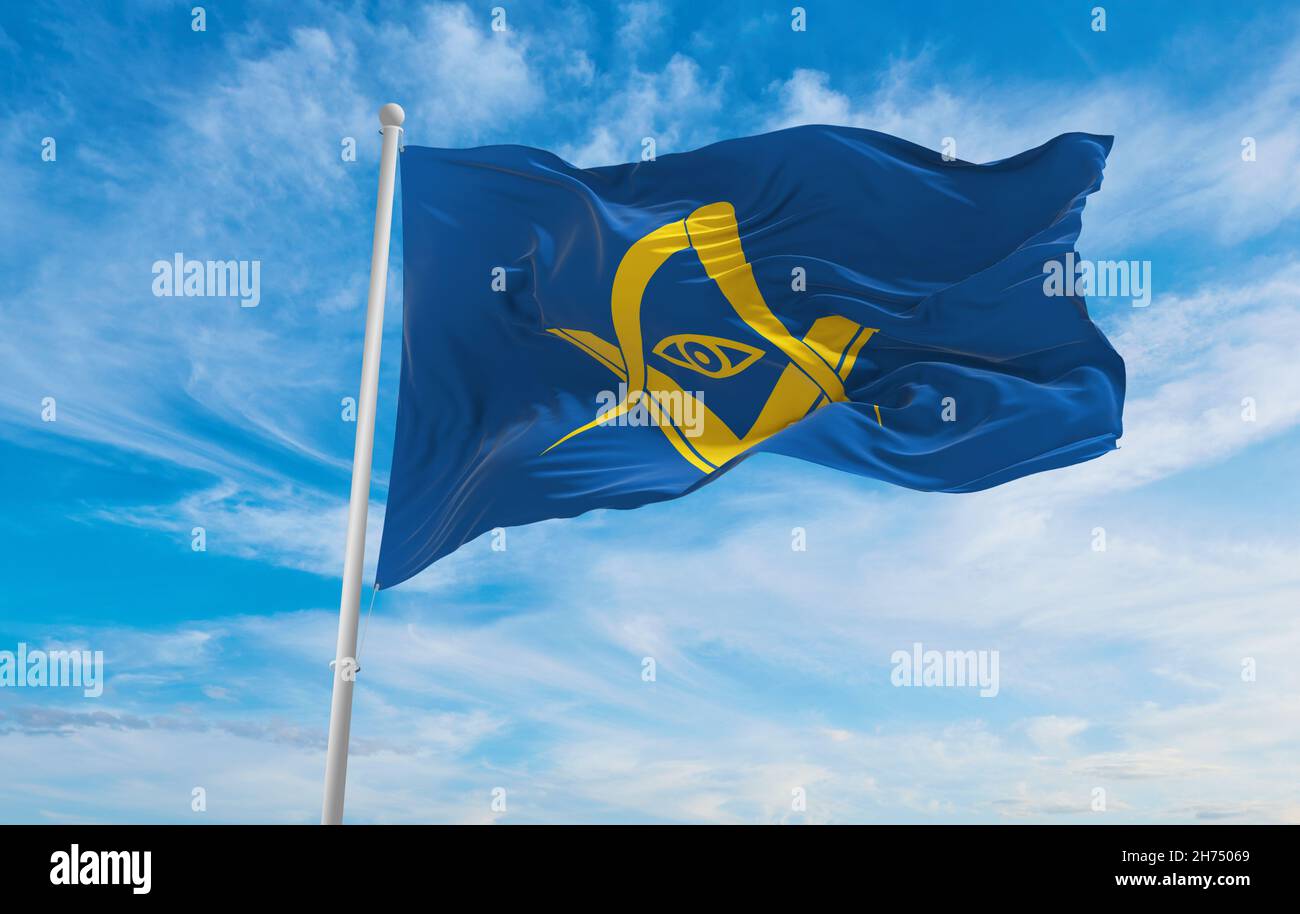 flag of masonic at cloudy sky background on sunset, panoramic view ...