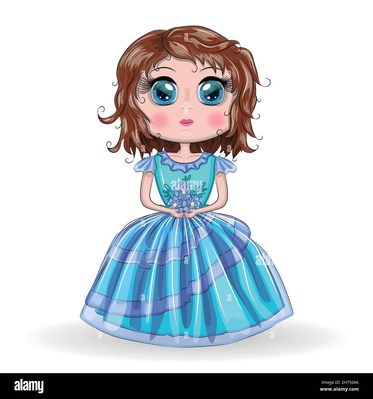 Beautiful girl standing in beautiful long blue dress. Cute Cartoon ...