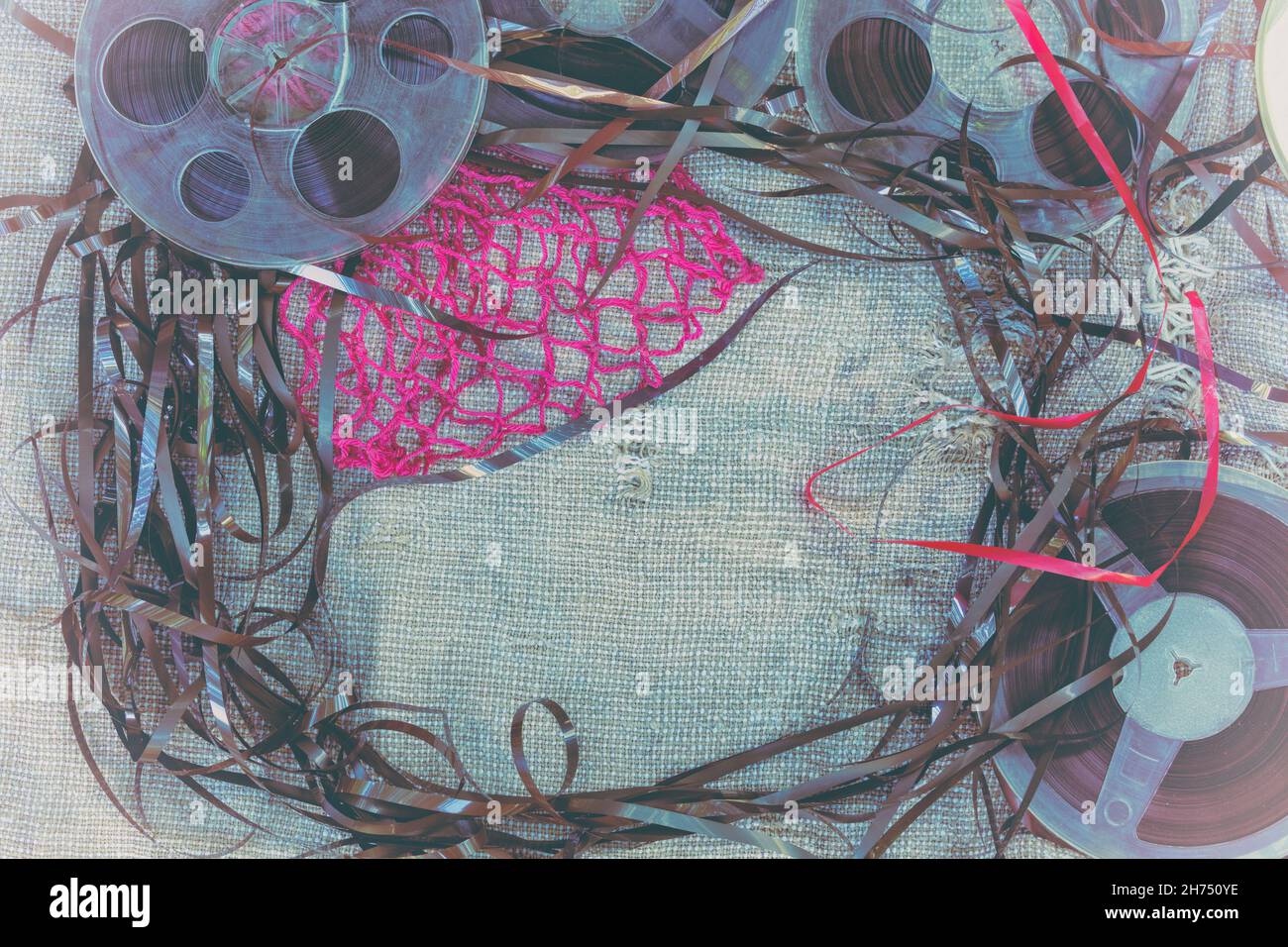 Abstract retro composition of magnetic tape and old tape spools Stock ...