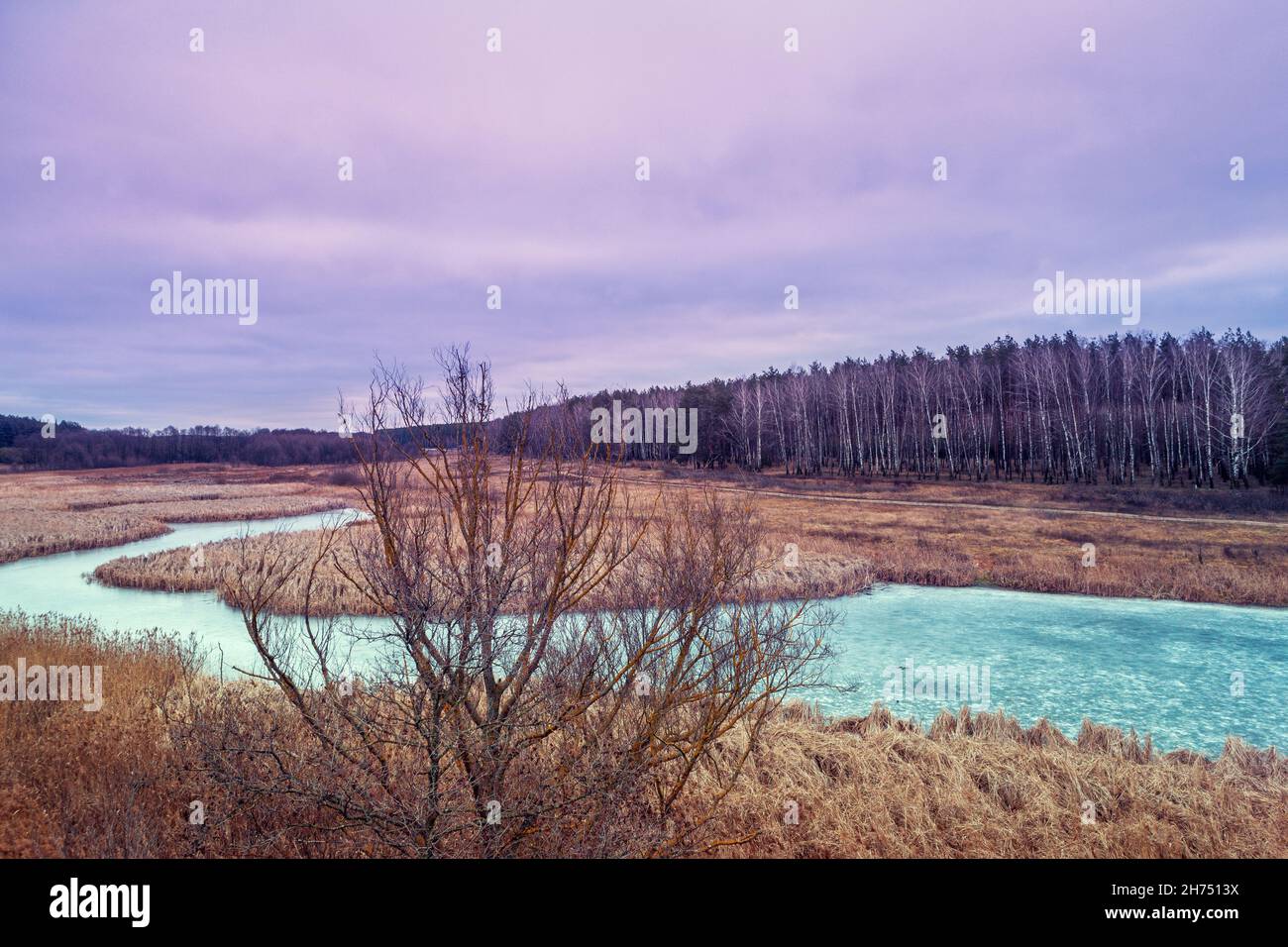 Aerial view of the countryside and frozen winding brook in the evening ...