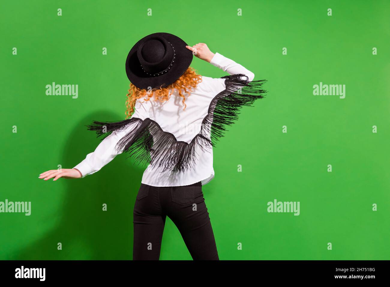 Rear back behind view of attractive funky carefree girl dancing having ...