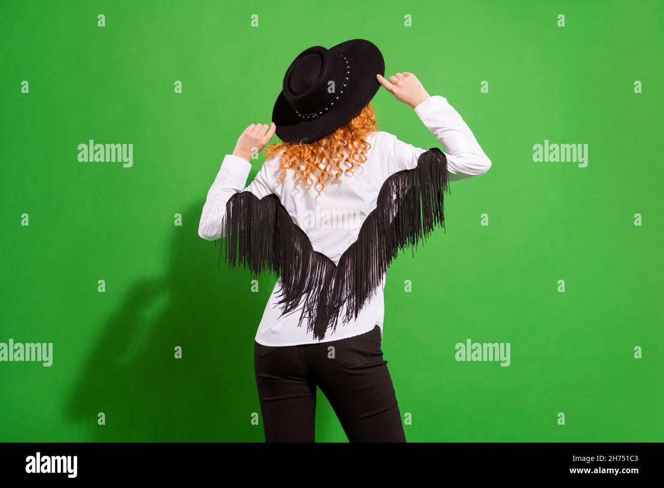 Rear back behind view of attractive funky girl dancing posing having ...