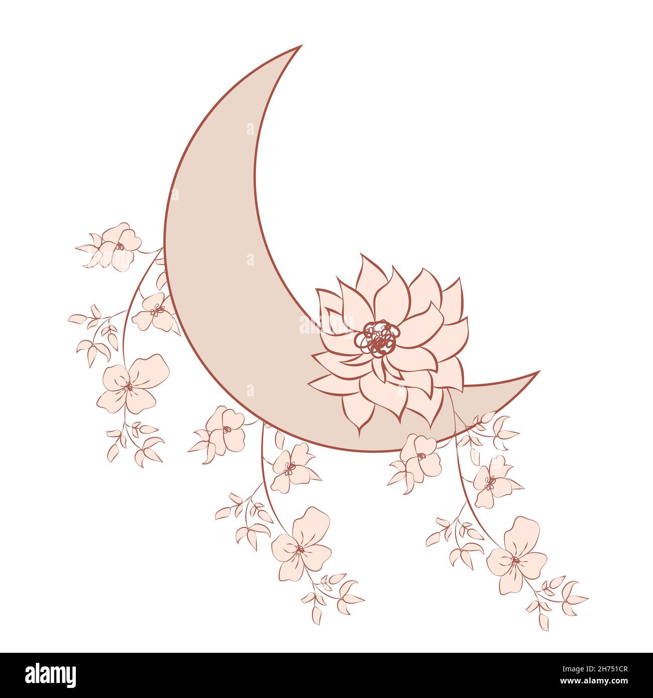 Beautiful romantic crescent moon with rose or peony flowers and leaves ...