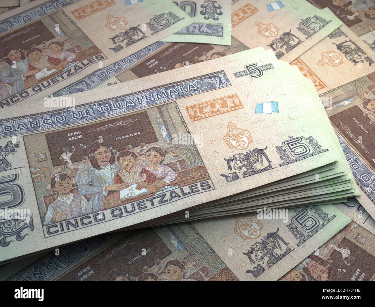 Money of Guatemala. Quetzal bills. GTQ banknotes. 5 Spanish. Business ...