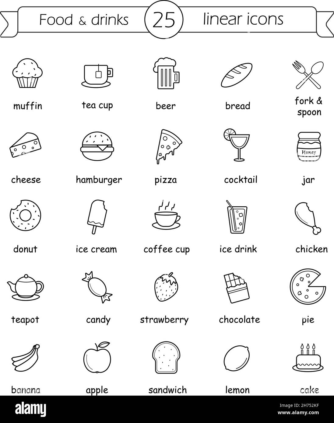 Food and drinks linear icons set with signs Stock Vector Image & Art ...