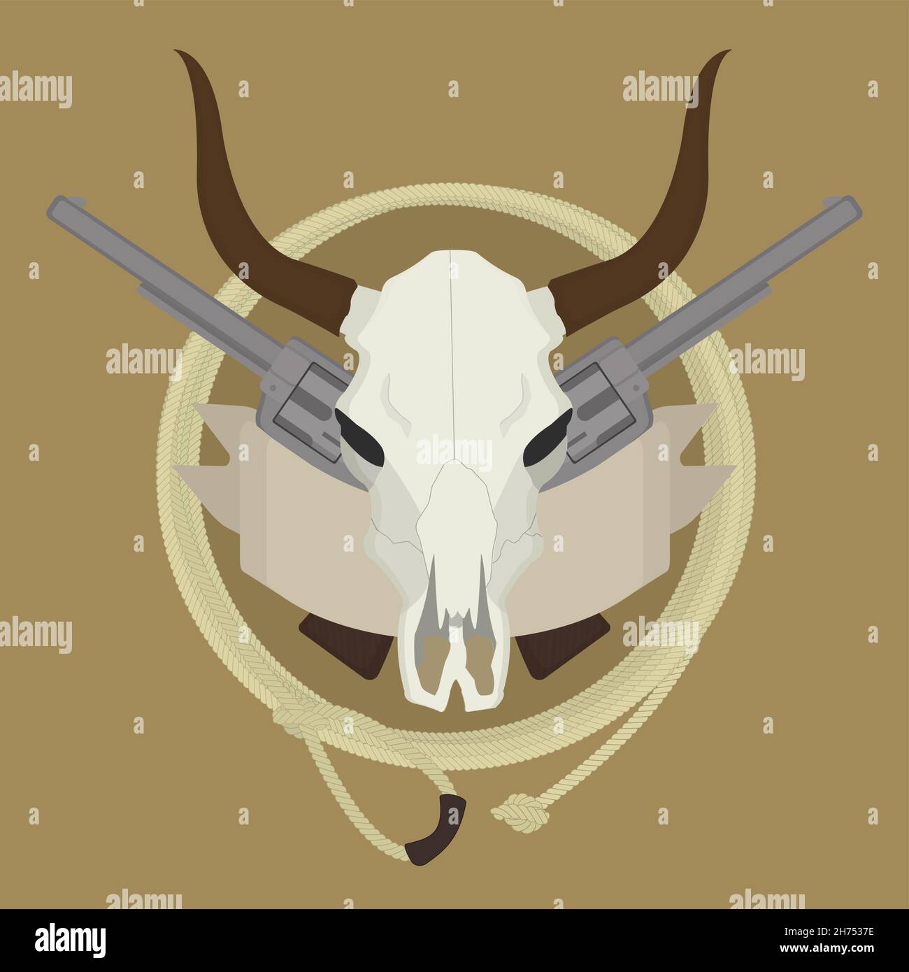 Wild west cow skull, pistols, ribbon, lasso logo Stock Vector Image ...
