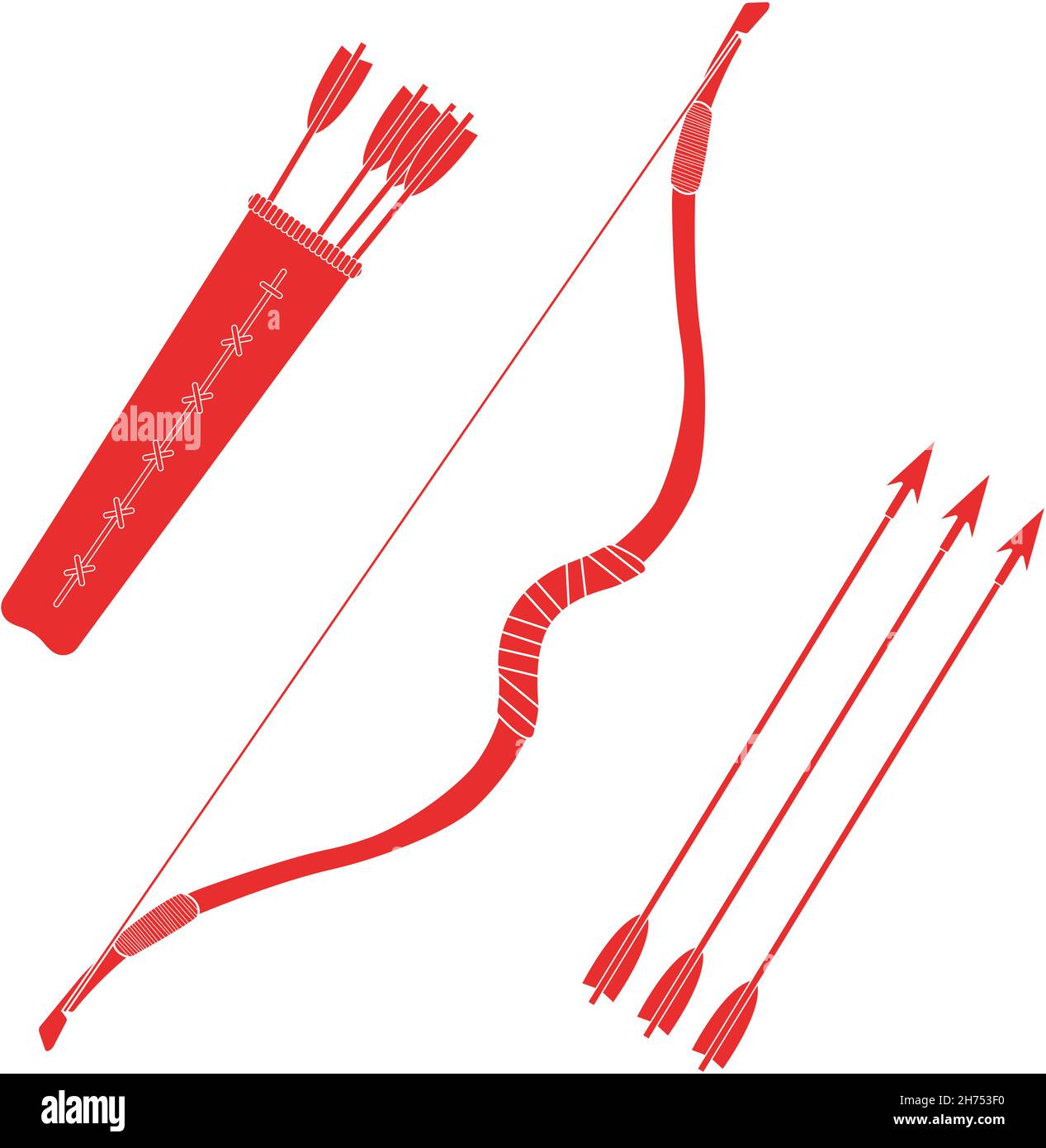 Medieval archer long bow with arrows and quiver. Black color Stock ...