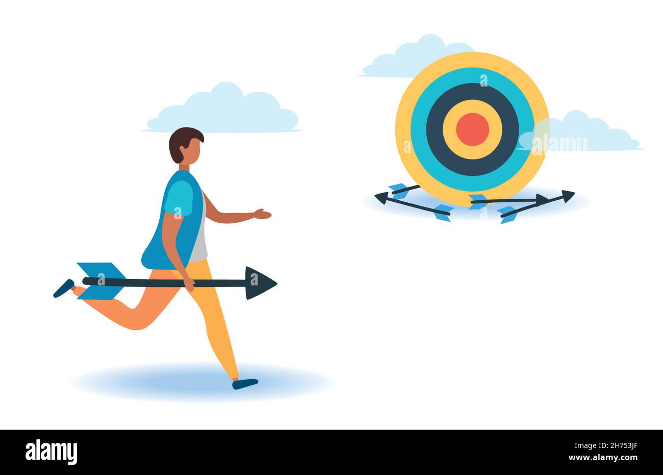 A man with an arrow is running towards his goal along a winding road ...