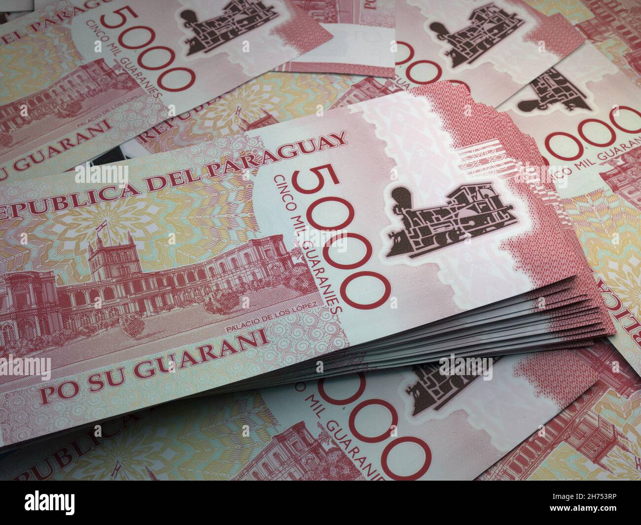 Money of Paraguay. Guarani bills. PYG banknotes. 5000 Spanish. Business ...