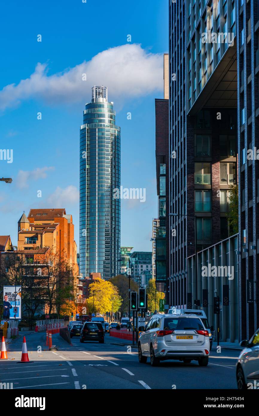 LONDON, UK - NOVEMBER 11, 2021: Street view of Nine Elms Lane with St ...