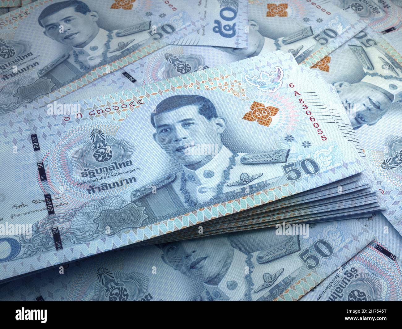 Money of Thailand. Thai baht bills. THB banknotes. 50 bahts. Business ...