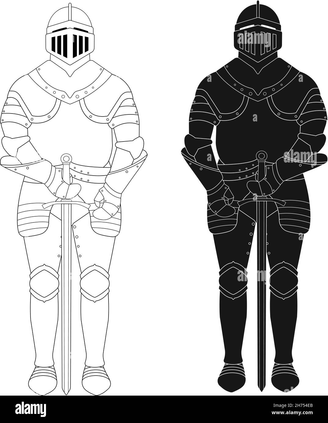 Standing knight medieval armor statue. Contour, silhouette Stock Vector ...