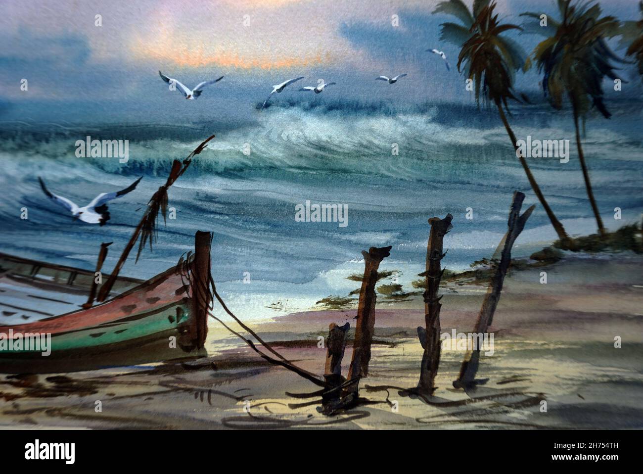 Watercolor painting ,art class , sea ,wave ,birds, boat Stock Photo - Alamy