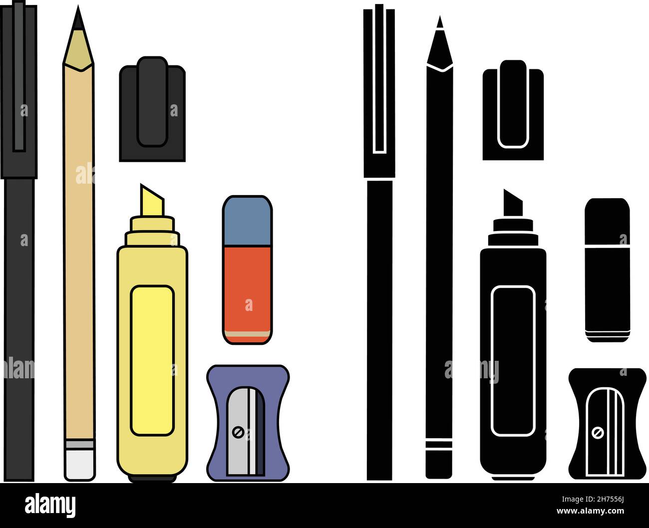 Stationery writing tools set. Color. Silhouette Stock Vector Image ...