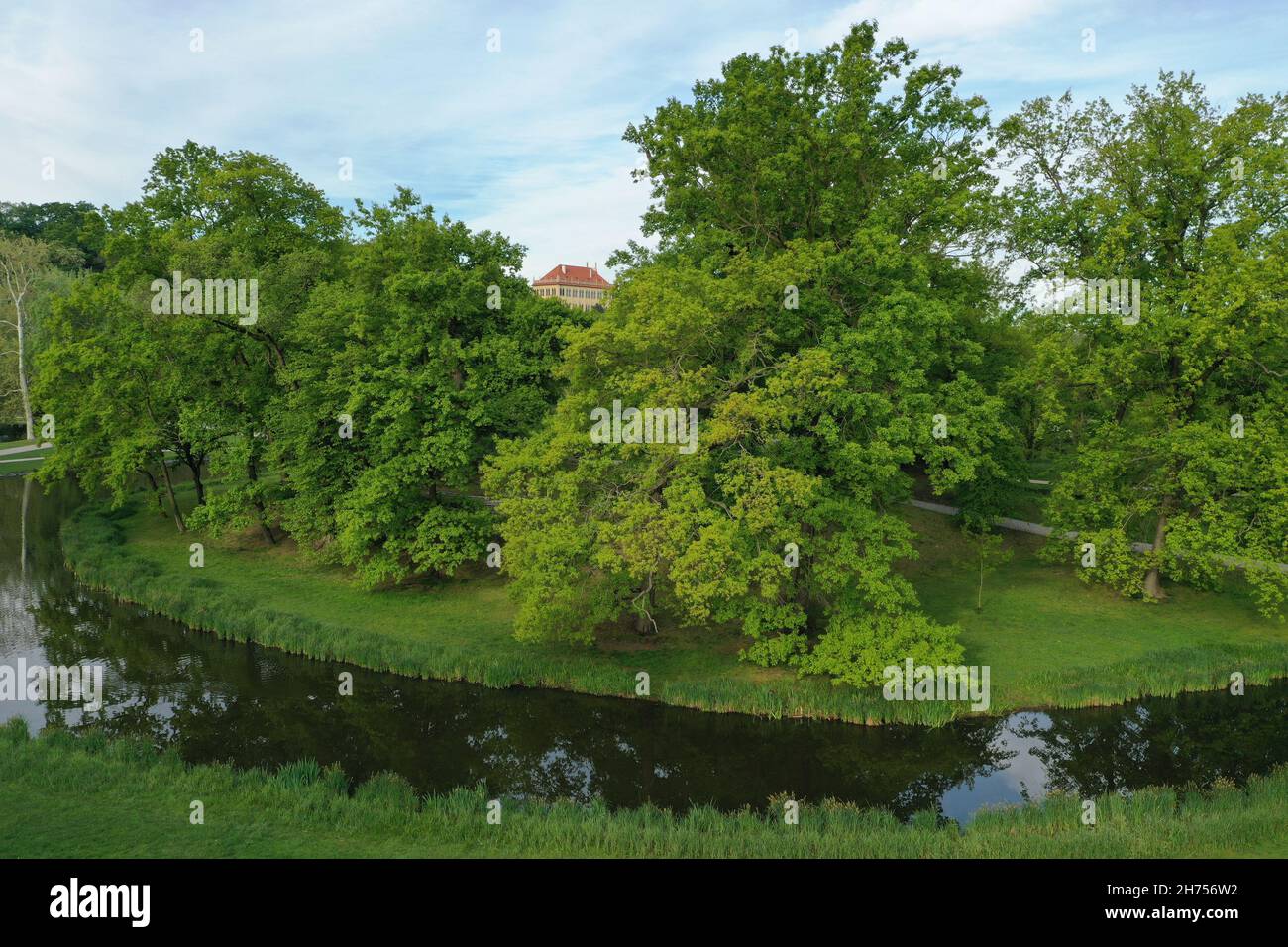 An aerial view of Prague's largest park Stromovka in spring sunny ...