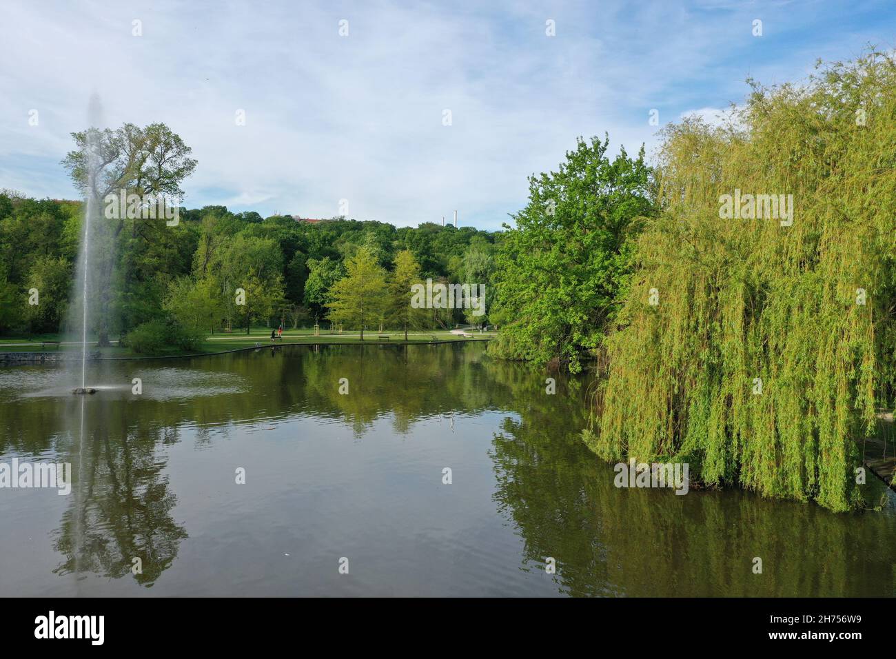 An aerial view of Prague's largest park Stromovka in spring sunny ...