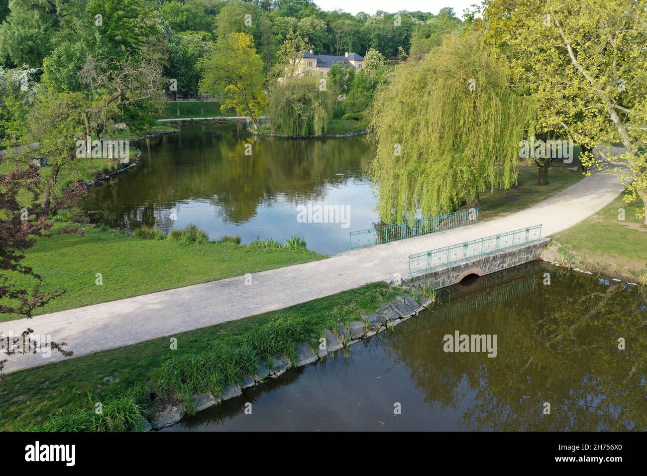 An aerial view of Prague's largest park Stromovka in spring sunny ...