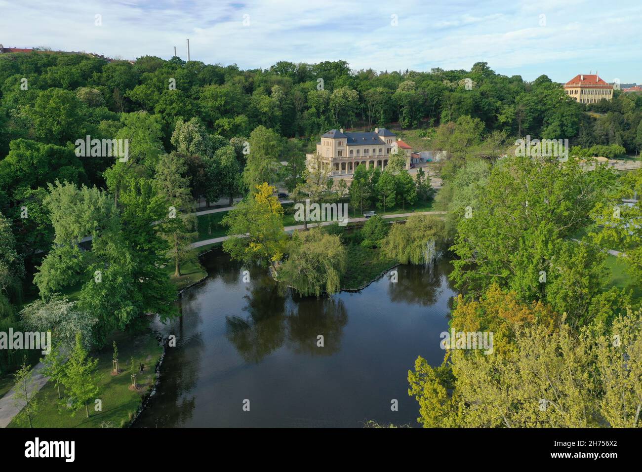 An aerial view of Prague's largest park Stromovka in spring sunny ...