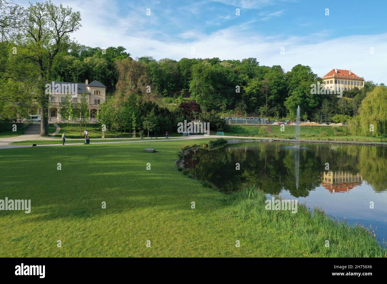 An aerial view of Prague's largest park Stromovka in spring sunny ...