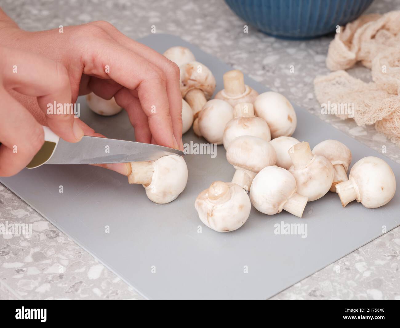 A woman cutting fresh champignon mushrooms with a knife. Close up Stock ...
