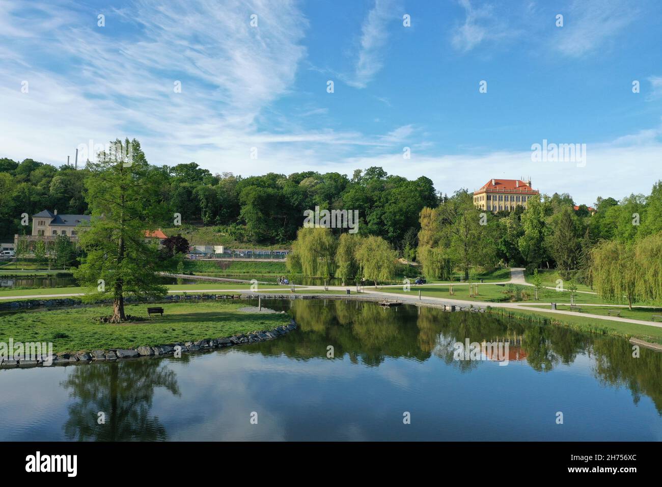 An aerial view of Prague's largest park Stromovka in spring sunny ...