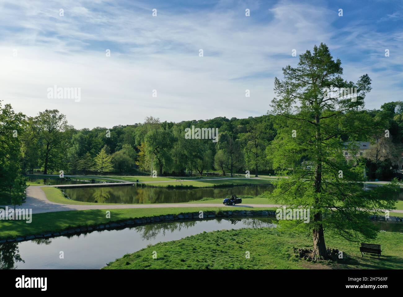An aerial view of Prague's largest park Stromovka in spring sunny ...