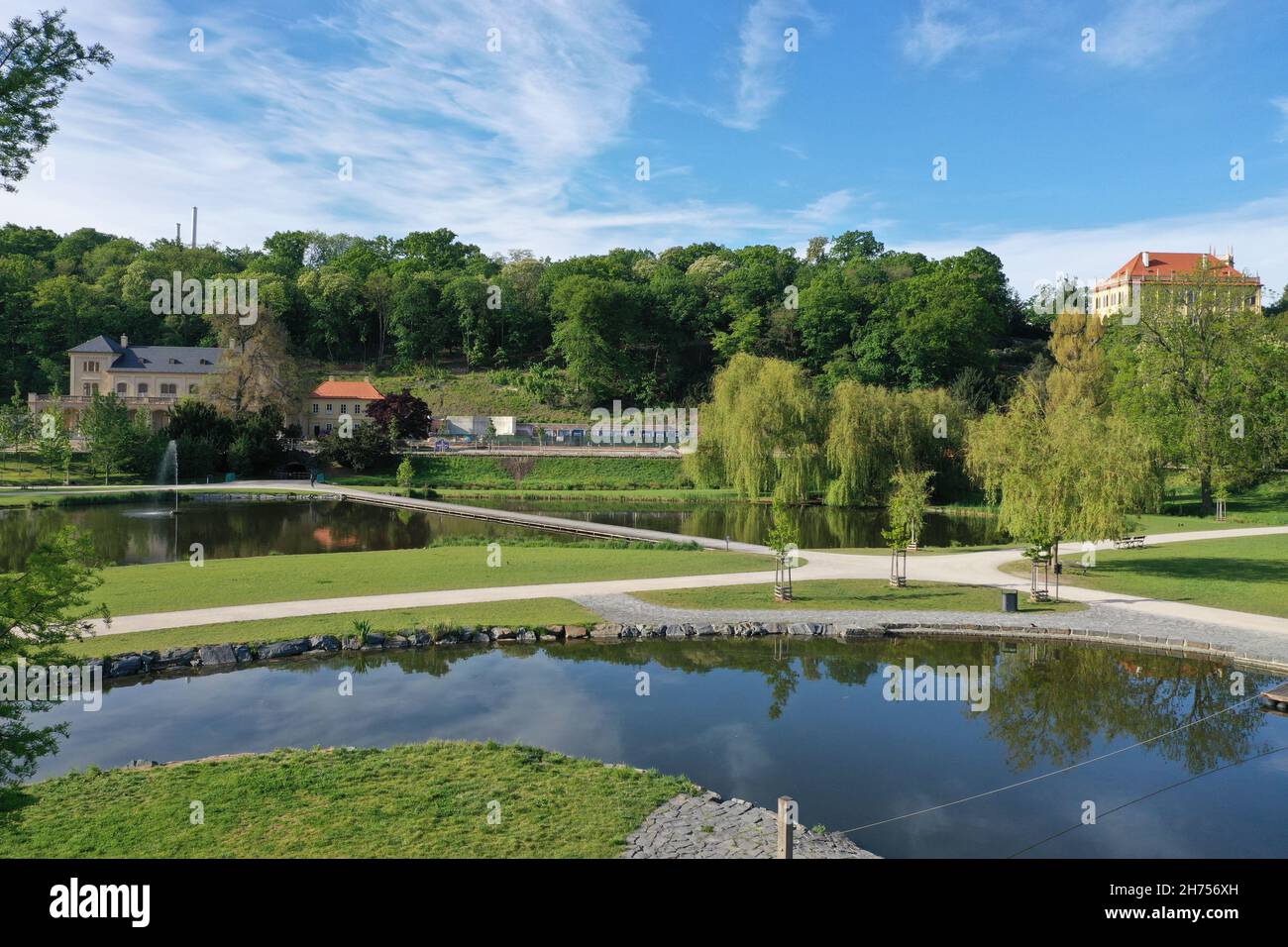 An aerial view of Prague's largest park Stromovka in spring sunny ...