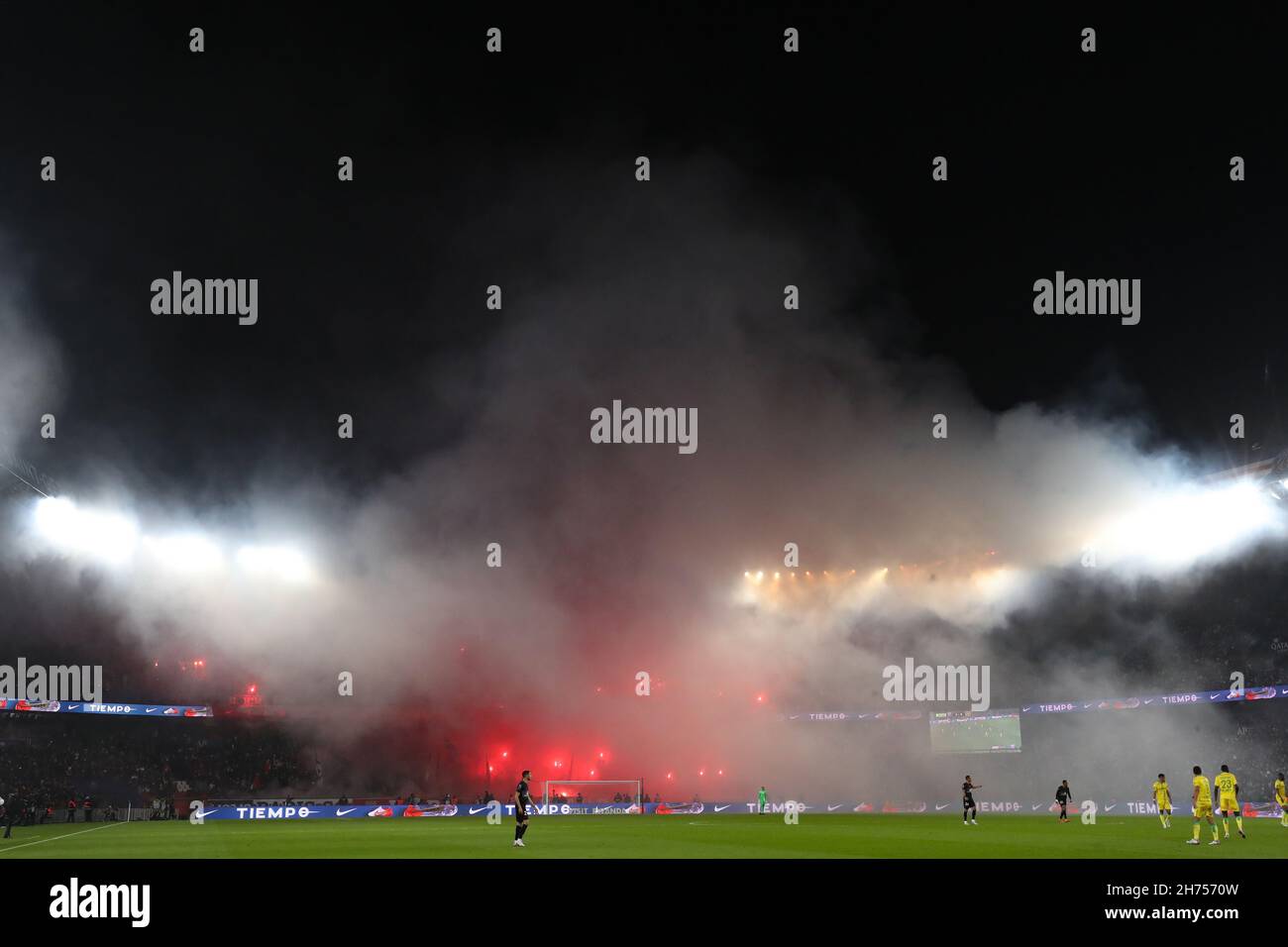 Paris, France, 20th November 2021. Smoke drifts around the stadium as ...