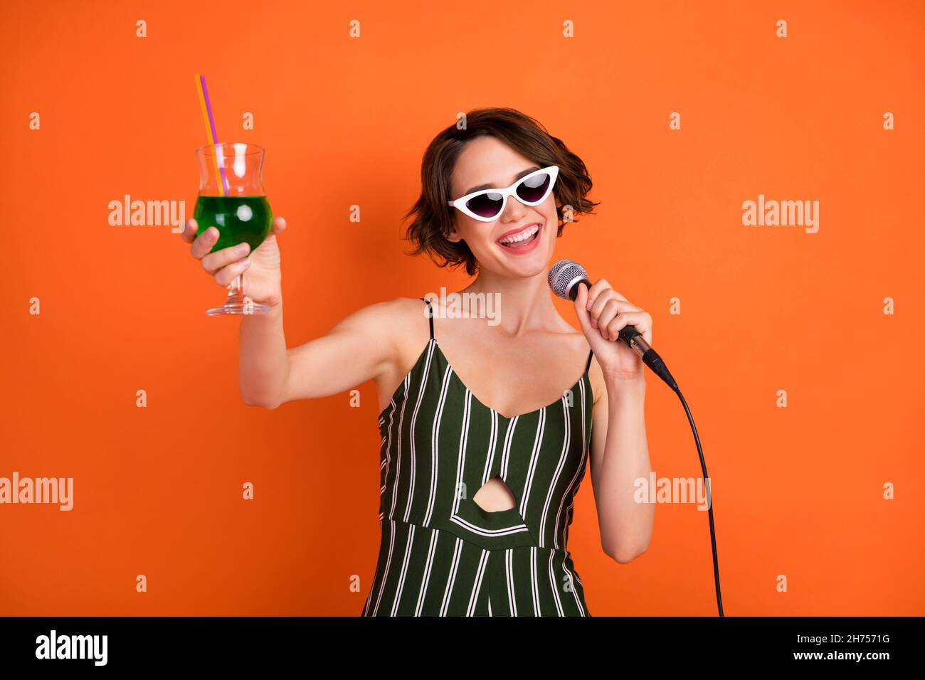 Photo of young attractive girl happy positive smile party drink ...