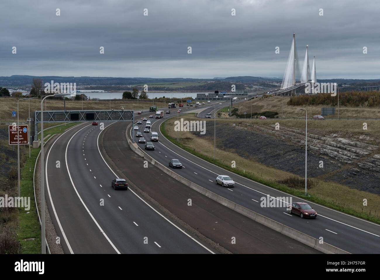 Moving traffic on M90 motorway in Scotland looking north towards the ...