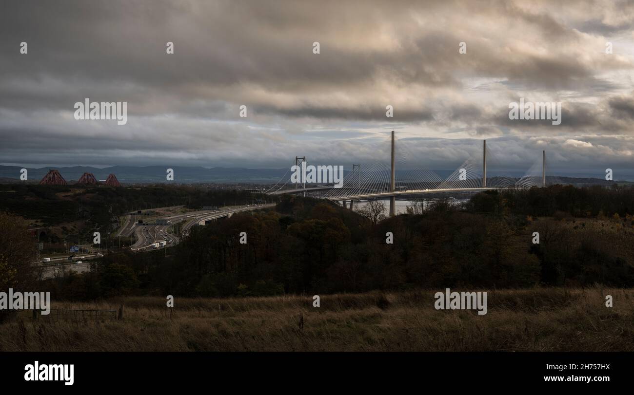 Moving traffic on M90 motorway in Scotland; Queensferry crossing and ...