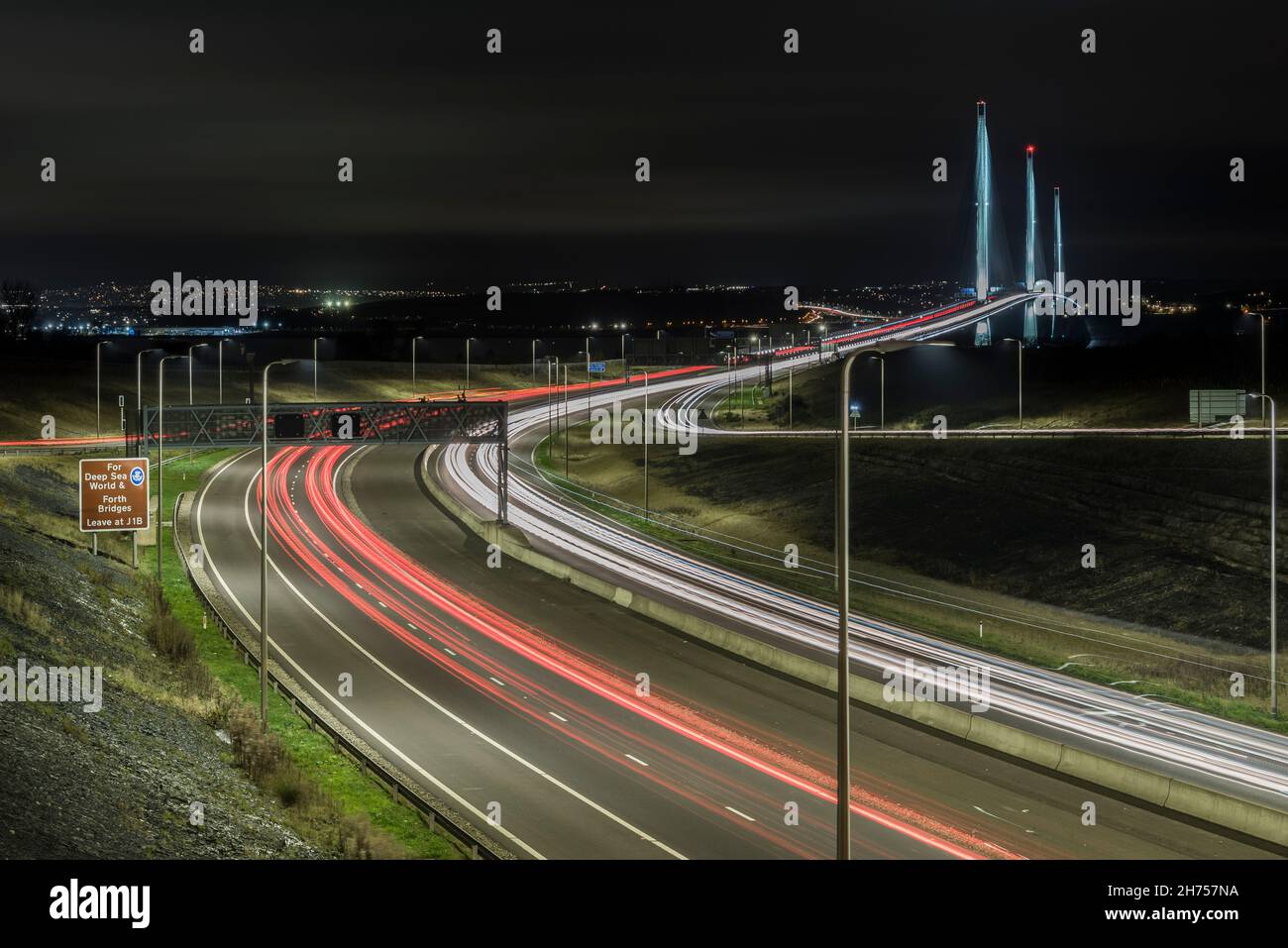 Moving traffic light trails on M90 motorway in Scotland near ...