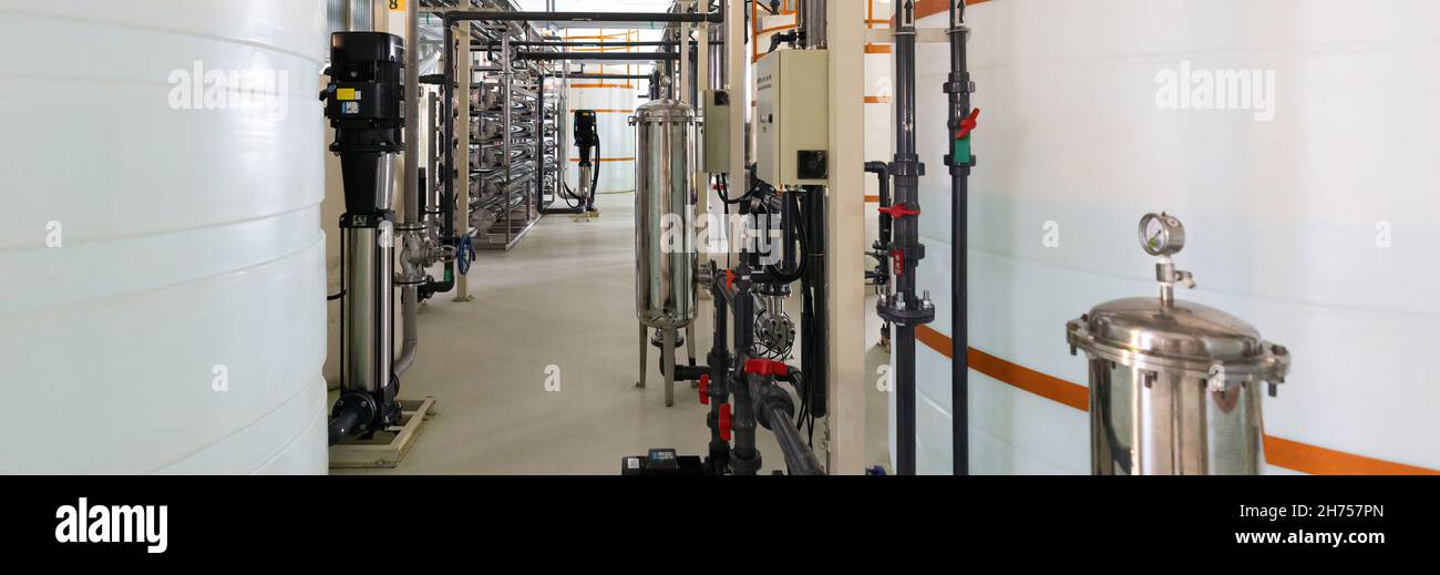 Panoramic photo of pipes and tanks. Chemistry and medicine production ...