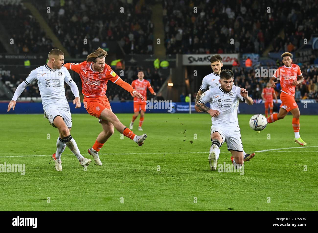 Josh Bowler #11 of Blackpool shoots on goal Stock Photo - Alamy
