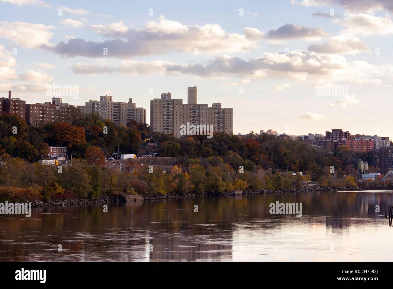 cityscape view of the North Bronx from across the Harlem River at the ...