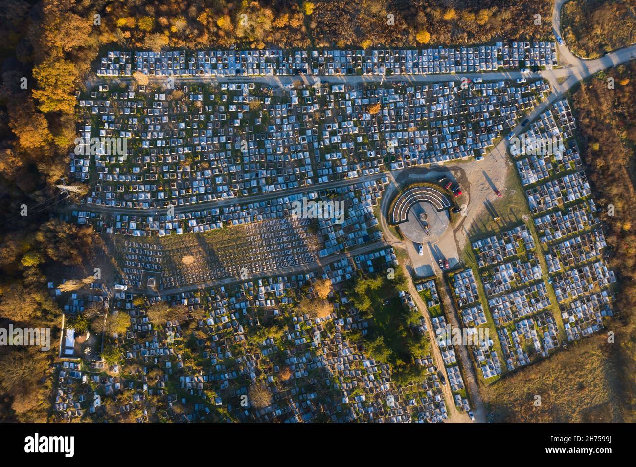 Aerial drone view of cemetery and graves. Graveyard, view from above ...