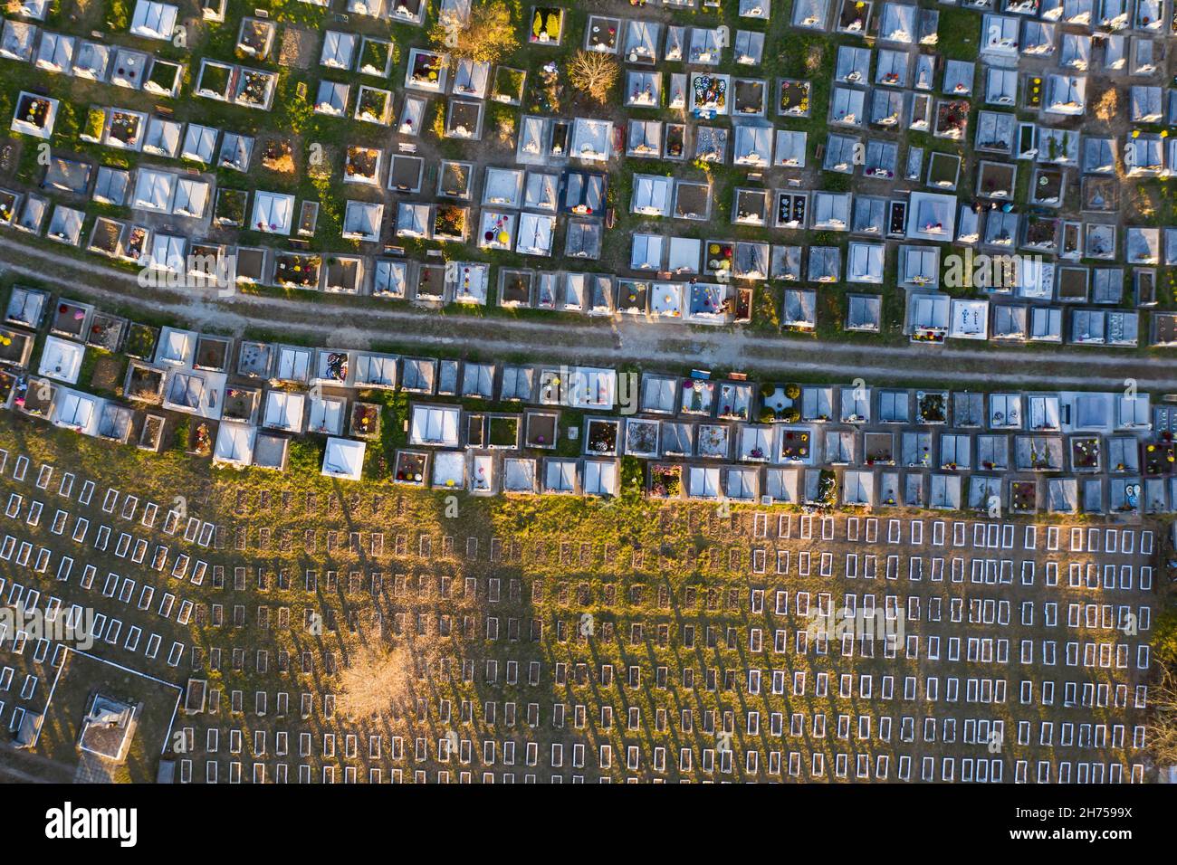 Aerial drone view of cemetery and graves. Graveyard, view from above ...