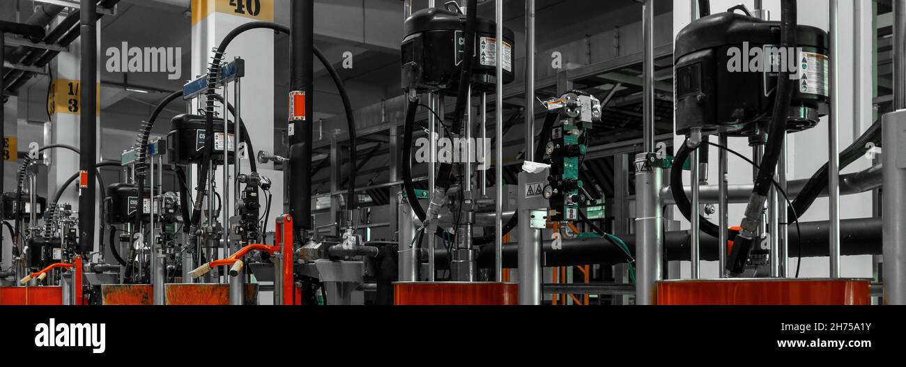 Plant, workshop with pumps for painting cars and automobiles. Modern ...